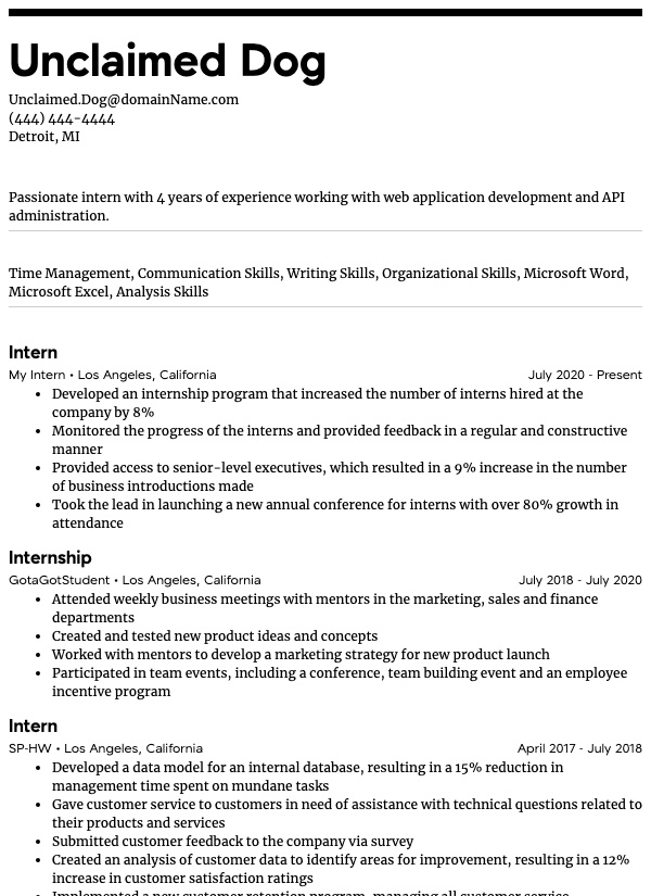 Sample Resume For Freshers With Internship Experience Terrysemac